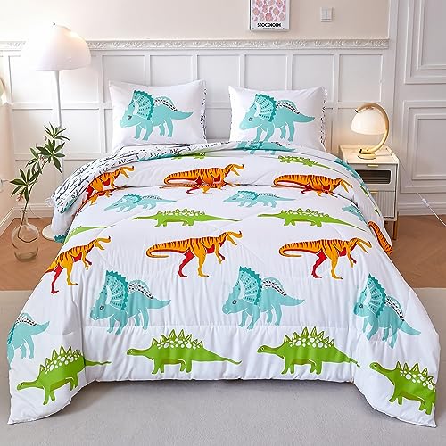 RYNGHIPY Dinosaur Comforter Set for Kids Boys Girls Dinosaur Bedding Set with 2 Pillowcases Soft Breathable Microfiber Comforter Sets for All Season (White,Twin)