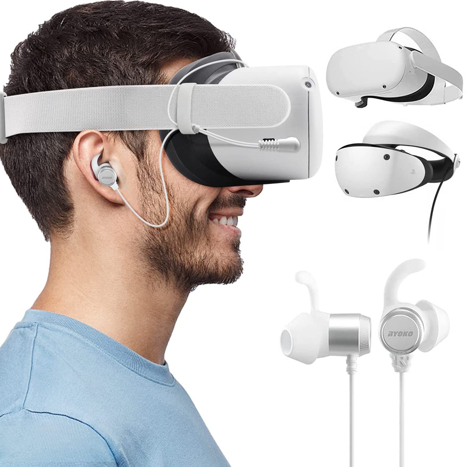 Ryoko VR Gaming Earphones for Meta Quest 2 Headset and PlayStation VR2, 3D 360° Surround in-Ear Headphones, Low Latency, Custom Length Cables, with 3 Sizes of Ergonomic Ear caps