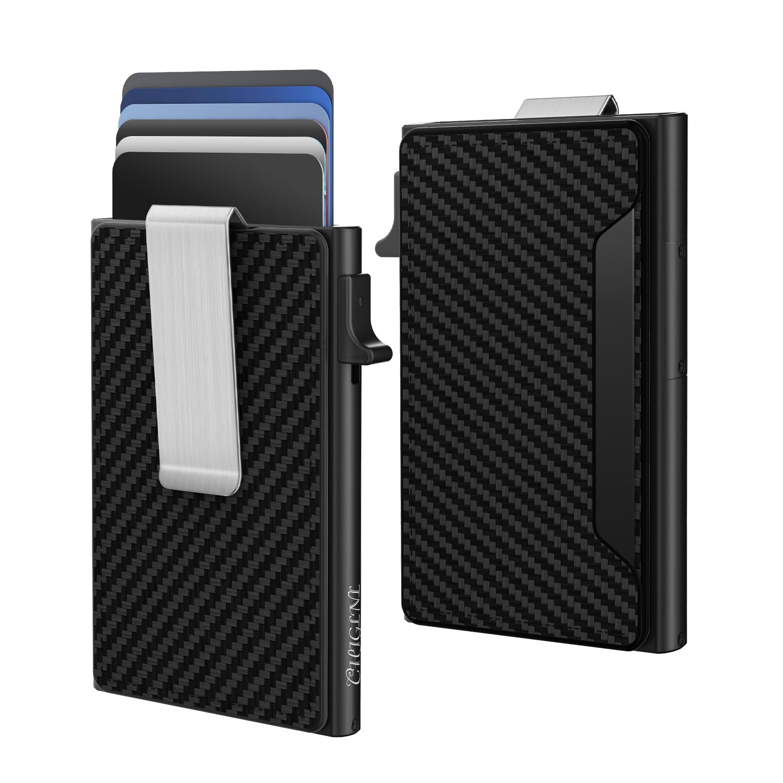 Minimalist Wallet for Men - with Money Clip, Slim Wallet Card Case Holder, Aluminum Pop Up Wallets with Gift Box, Metal Mens Wallet, RFID Blocking, Top-Grade Carbon Fiber Leather | 8 Card Capacity