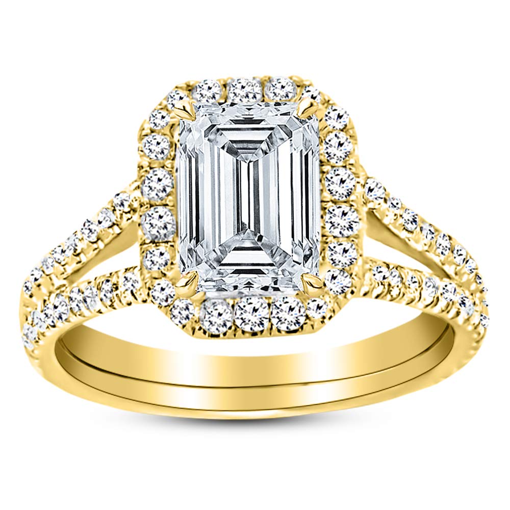 14K Yellow Gold 1.5 Carat LAB GROWN DIAMOND Split Shank Emerald Cut Diamond Engagement Ring (D-E Color VS1-VS2 Clarity 0.75 Ct Center)