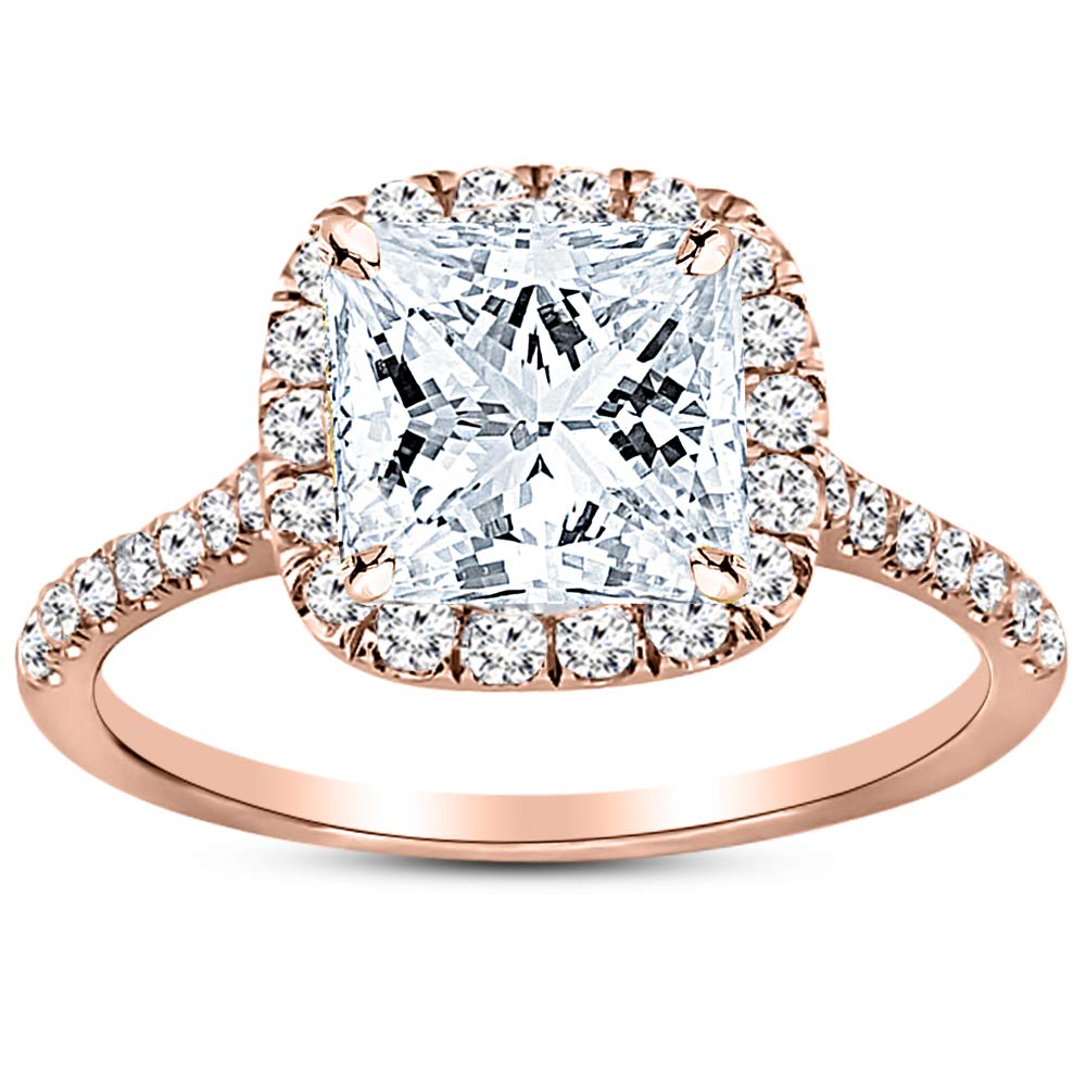 14K Rose Gold 1.5 Carat LAB GROWN IGI CERTIFIED DIAMOND Halo Princess Cut Diamond Engagement Ring (E-F Color SI1-SI2 Clarity 1 Ct Center)