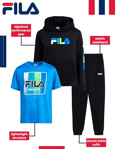 Fila Boys' Active Sweatsuit Set - 3 Piece Performance Hoodie Sweatshirt, Jogger Sweatpants, T-Shirt - Activewear Set (8-12), Size 10, Black
