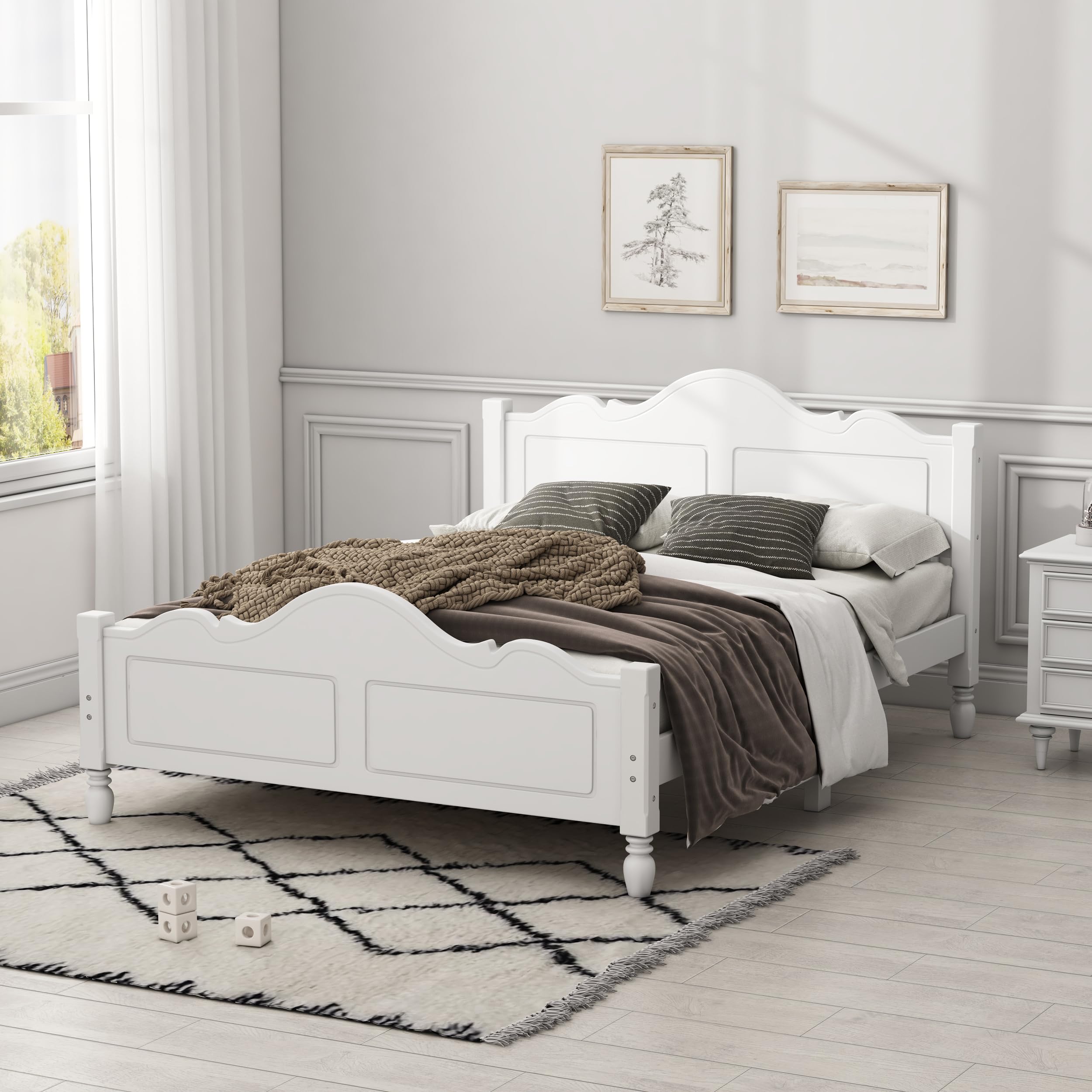 Harper & Bright Designs Wooden Queen Size Platform Bed with Headboard, Modern Queen Bed Frame with Wood Slat Support/No Box Spring Needed/Easy Assembly, Queen, White