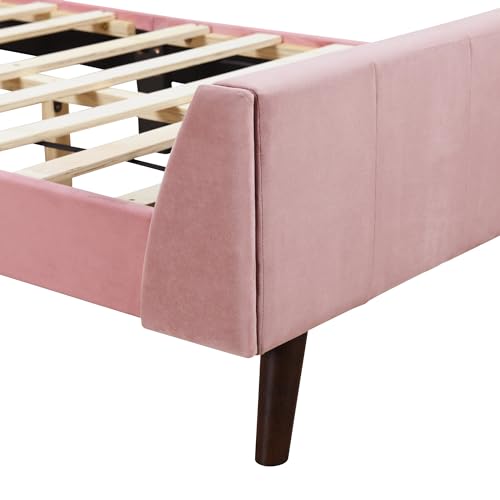 HBRR Twin Size Bed Frame Velvet Upholstered Platform Bed with Headboard and Strong Wooden Slats, Mattress Foundation, No Box Spring Needed, Easy Assembly, Pink