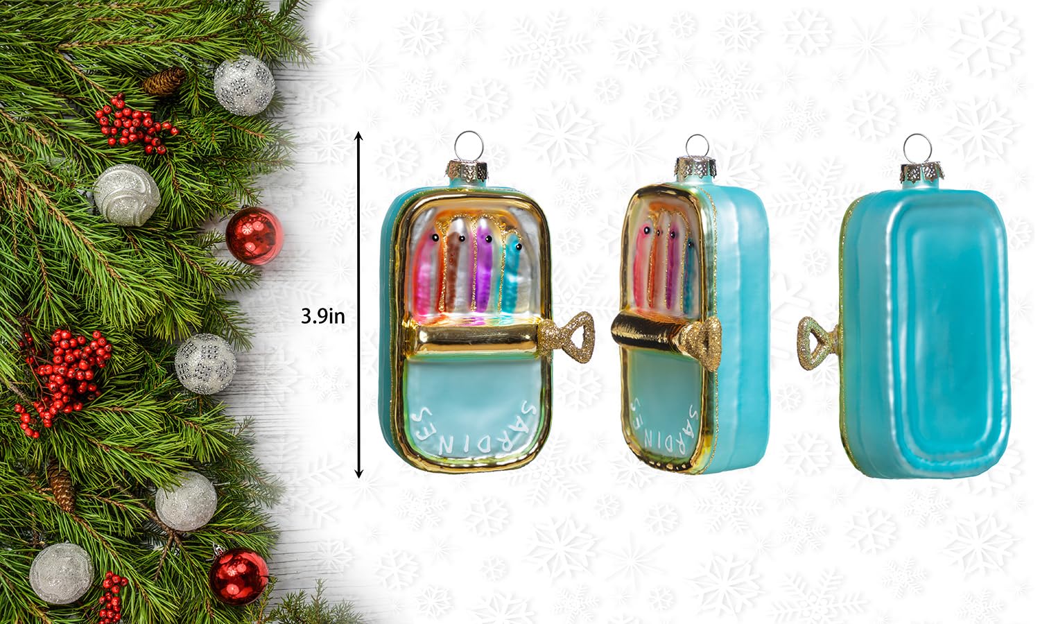 2 Pack Glass Sardine Tin Christmas Ornaments for Christmas Tree Decorations, Hanging Decorative Hand Painted Blown Glass Sardine Can Canned Fish Seafood Ornaments