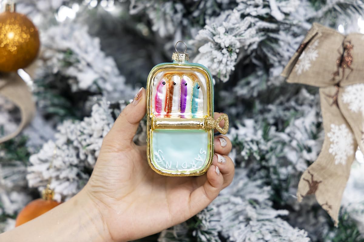 2 Pack Glass Sardine Tin Christmas Ornaments for Christmas Tree Decorations, Hanging Decorative Hand Painted Blown Glass Sardine Can Canned Fish Seafood Ornaments