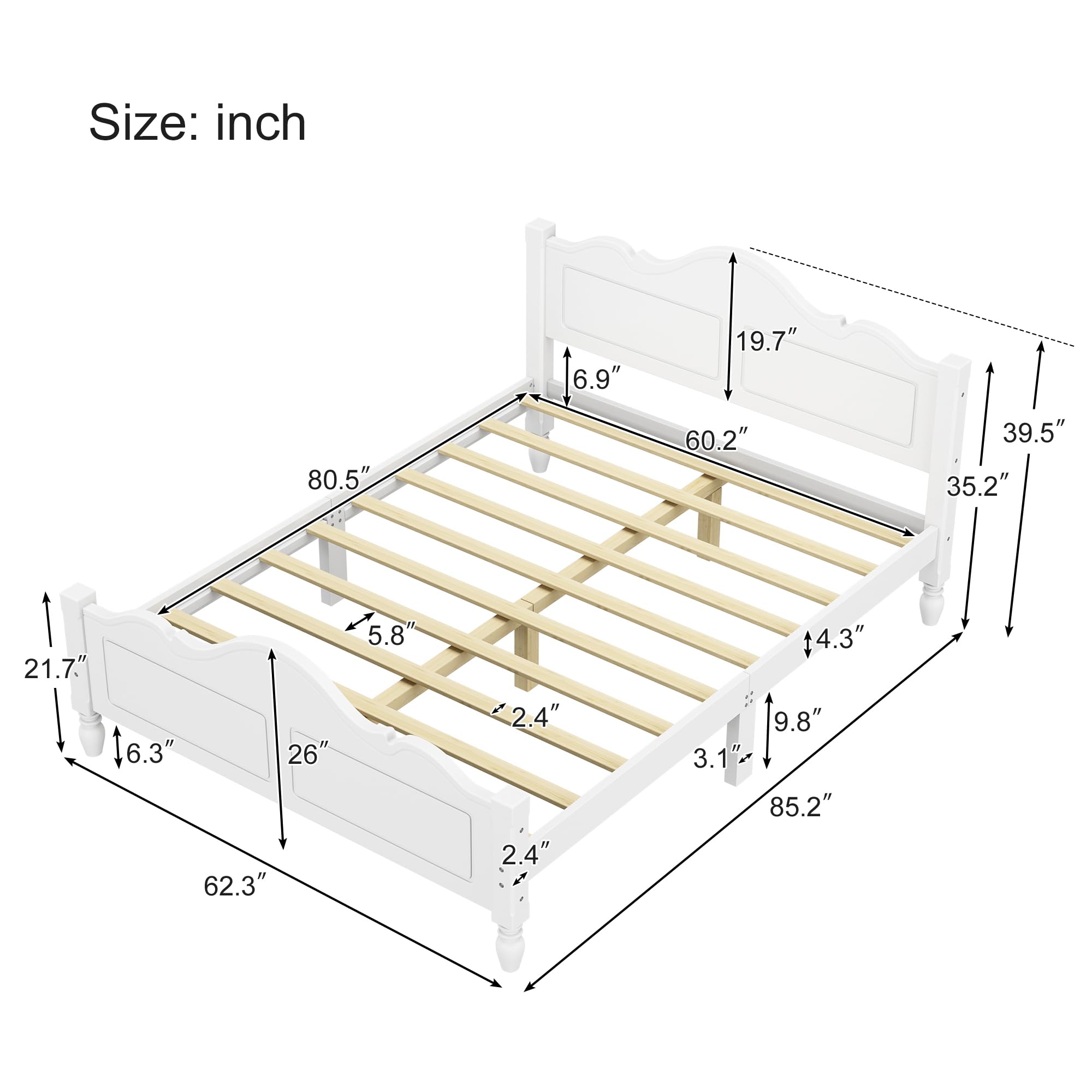 Harper & Bright Designs Wooden Queen Size Platform Bed with Headboard, Modern Queen Bed Frame with Wood Slat Support/No Box Spring Needed/Easy Assembly, Queen, White