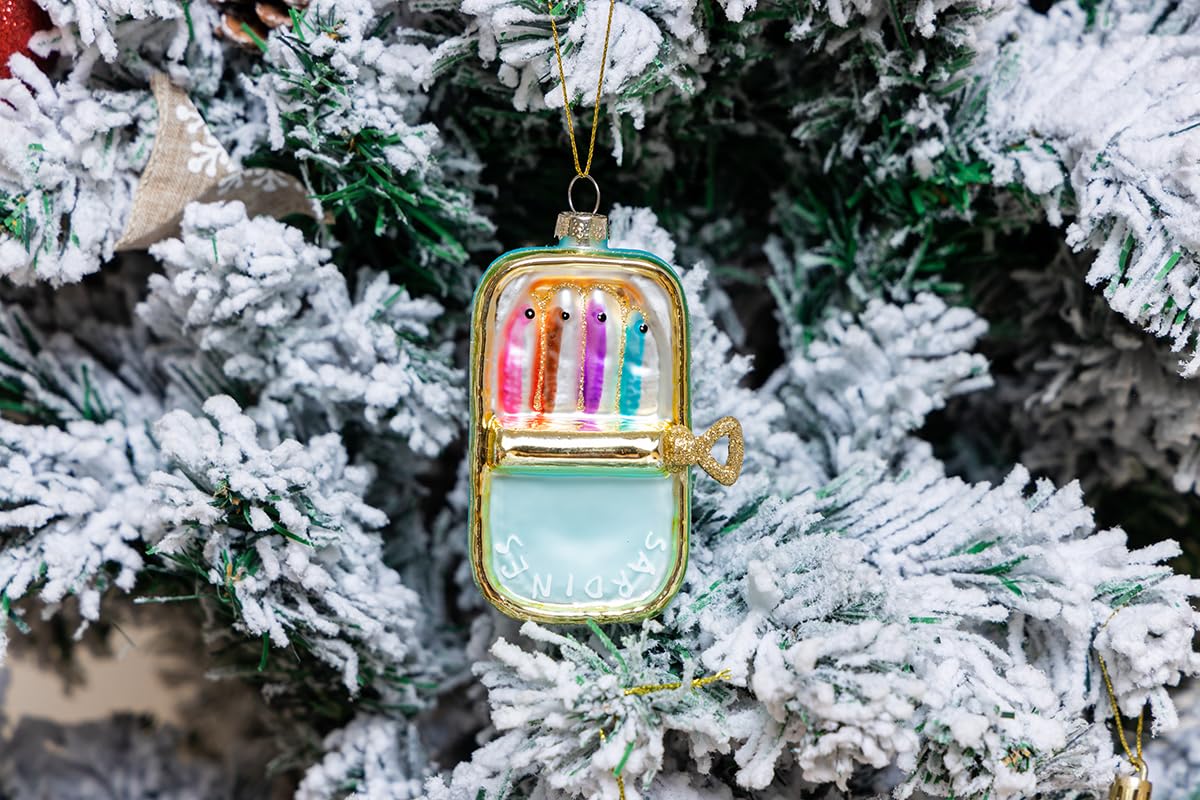 2 Pack Glass Sardine Tin Christmas Ornaments for Christmas Tree Decorations, Hanging Decorative Hand Painted Blown Glass Sardine Can Canned Fish Seafood Ornaments