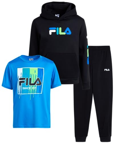 Fila Boys' Active Sweatsuit Set - 3 Piece Performance Hoodie Sweatshirt, Jogger Sweatpants, T-Shirt - Activewear Set (8-12), Size 10, Black
