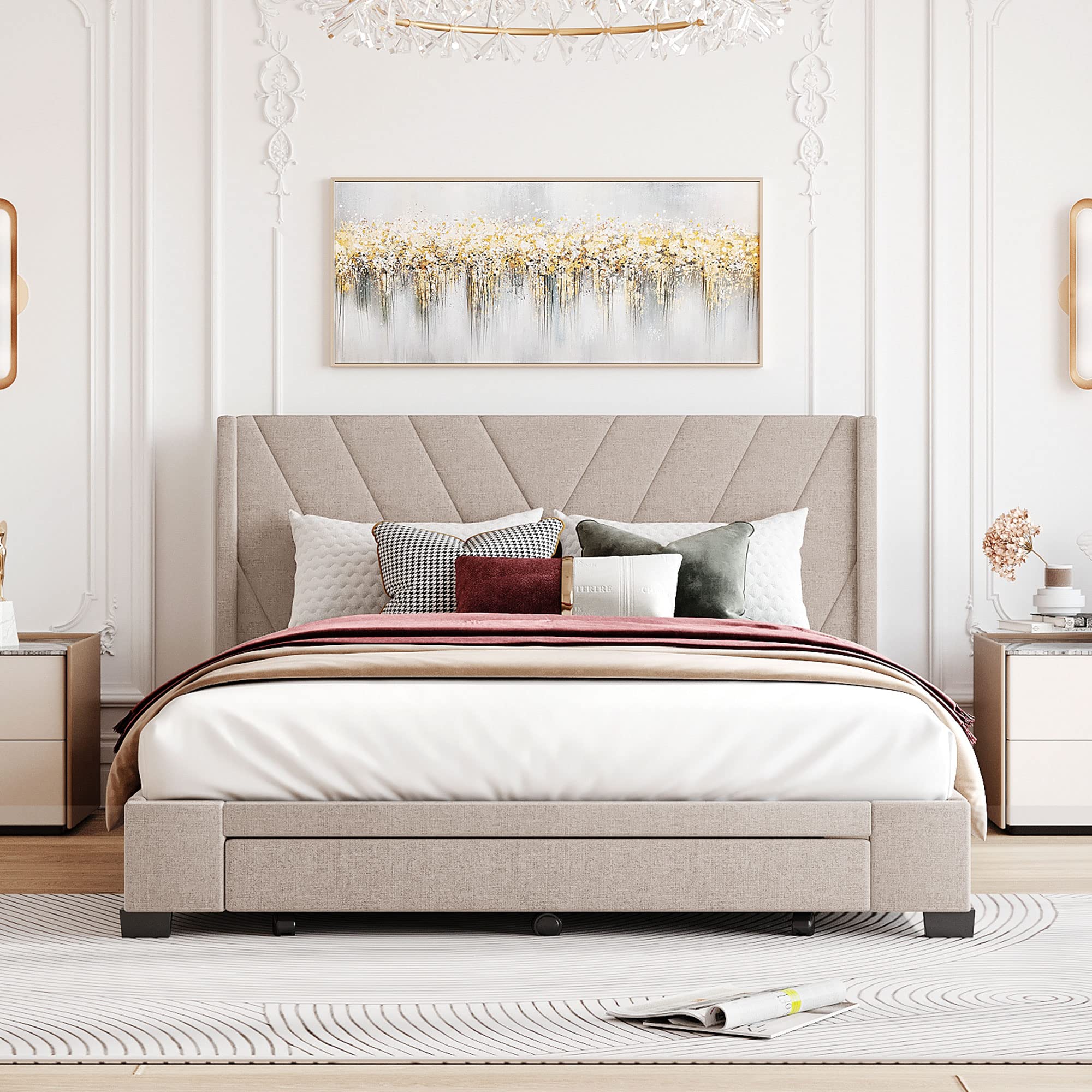 HABUHOME Queen Bed Frame with Storage Upholstered Platform Bed Frame with 3 Drawers and Headboard Modern Linen Queen Size Beds with Wooden Slats Support, No Box Spring Box Needed, Beige