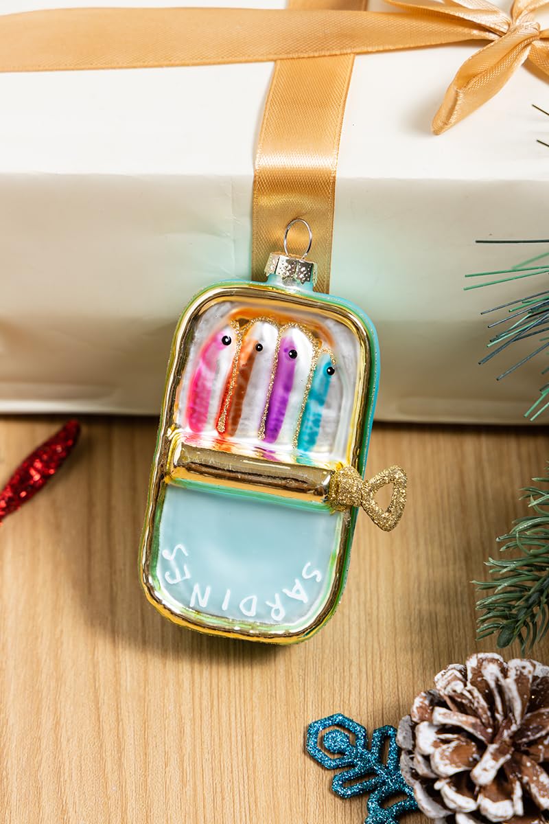 2 Pack Glass Sardine Tin Christmas Ornaments for Christmas Tree Decorations, Hanging Decorative Hand Painted Blown Glass Sardine Can Canned Fish Seafood Ornaments