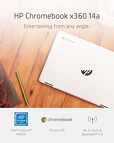 HP Chromebook x360 14 Laptop, Intel Celeron Processor, 4 GB RAM, 32 GB eMMC, 14” HD (1366 x 768), Chrome OS, Webcam & Dual Mics, Work, Streaming, School, Long Battery Life (14a-ca0050nr, 2021)