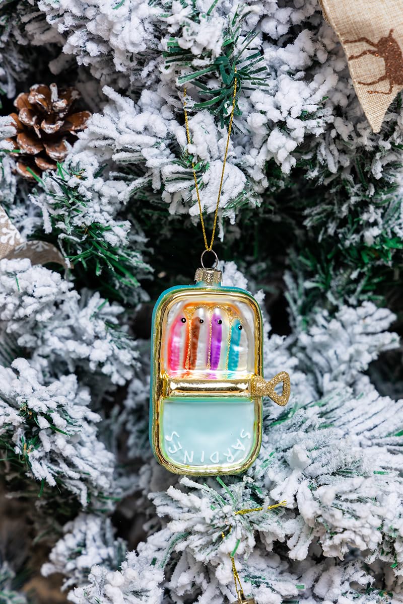 2 Pack Glass Sardine Tin Christmas Ornaments for Christmas Tree Decorations, Hanging Decorative Hand Painted Blown Glass Sardine Can Canned Fish Seafood Ornaments