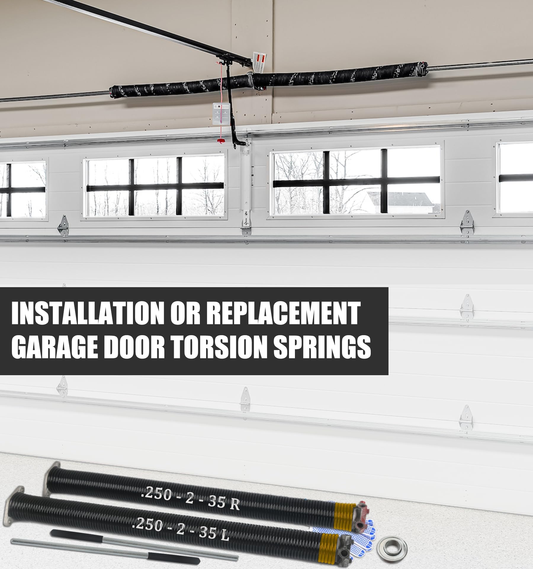 Garage Door Torsion Spring Set, Pair of 2" Electrophoresis Coated Garage Door Spring Replacement with 2 Non-Slip Winding Bars and Bearing, Minimum 16000 Cycles (.250x2x35")