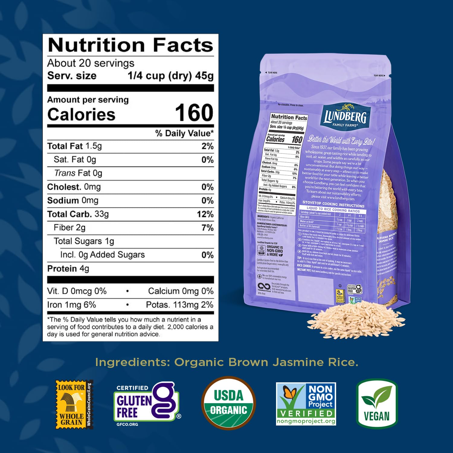 Lundberg Organic Jasmine Rice, Long Grain Brown Rice - Non-Sticky, Fluffy Aromatic Rice, Organically Grown in California, Pantry Staples, 32 Oz