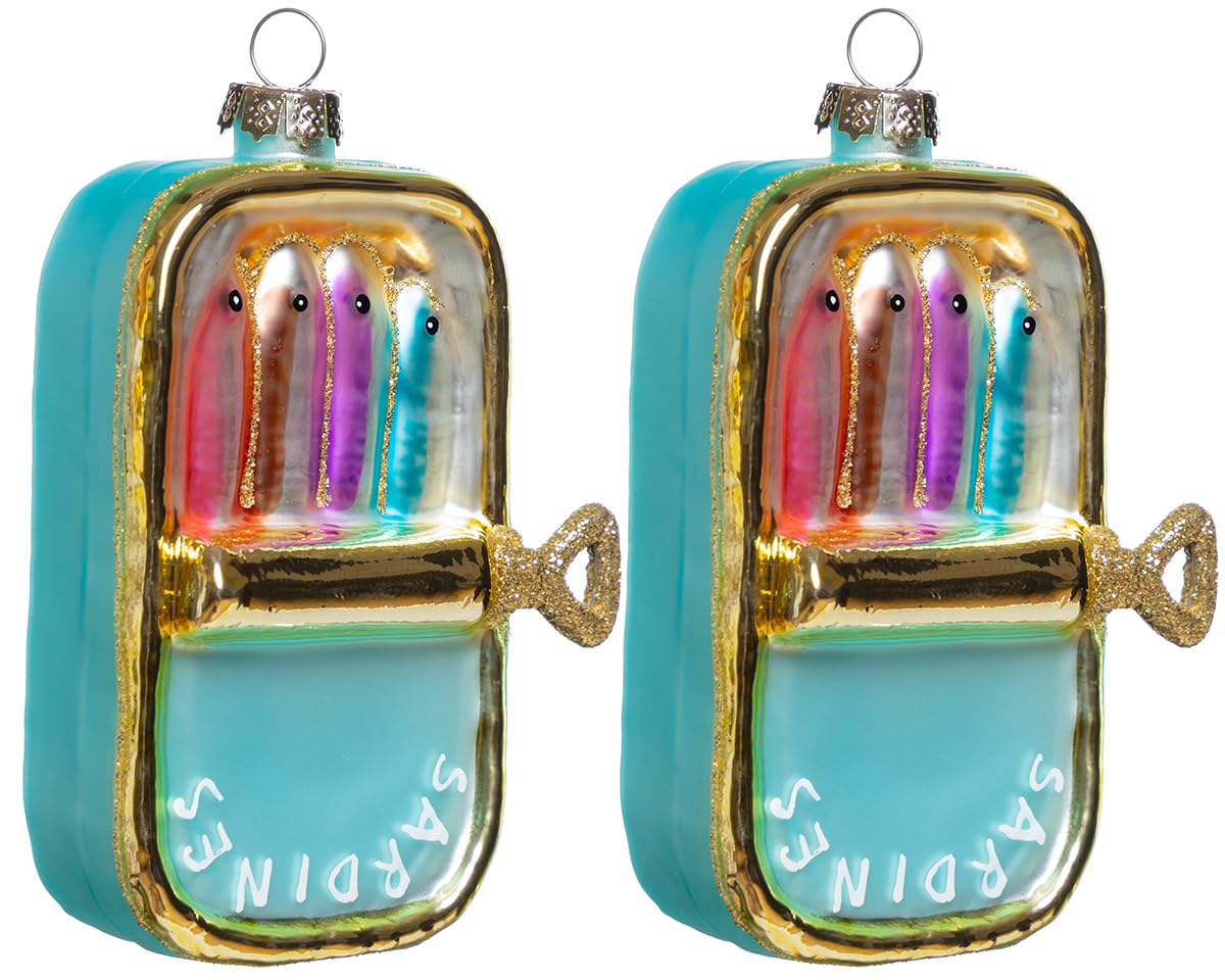 2 Pack Glass Sardine Tin Christmas Ornaments for Christmas Tree Decorations, Hanging Decorative Hand Painted Blown Glass Sardine Can Canned Fish Seafood Ornaments