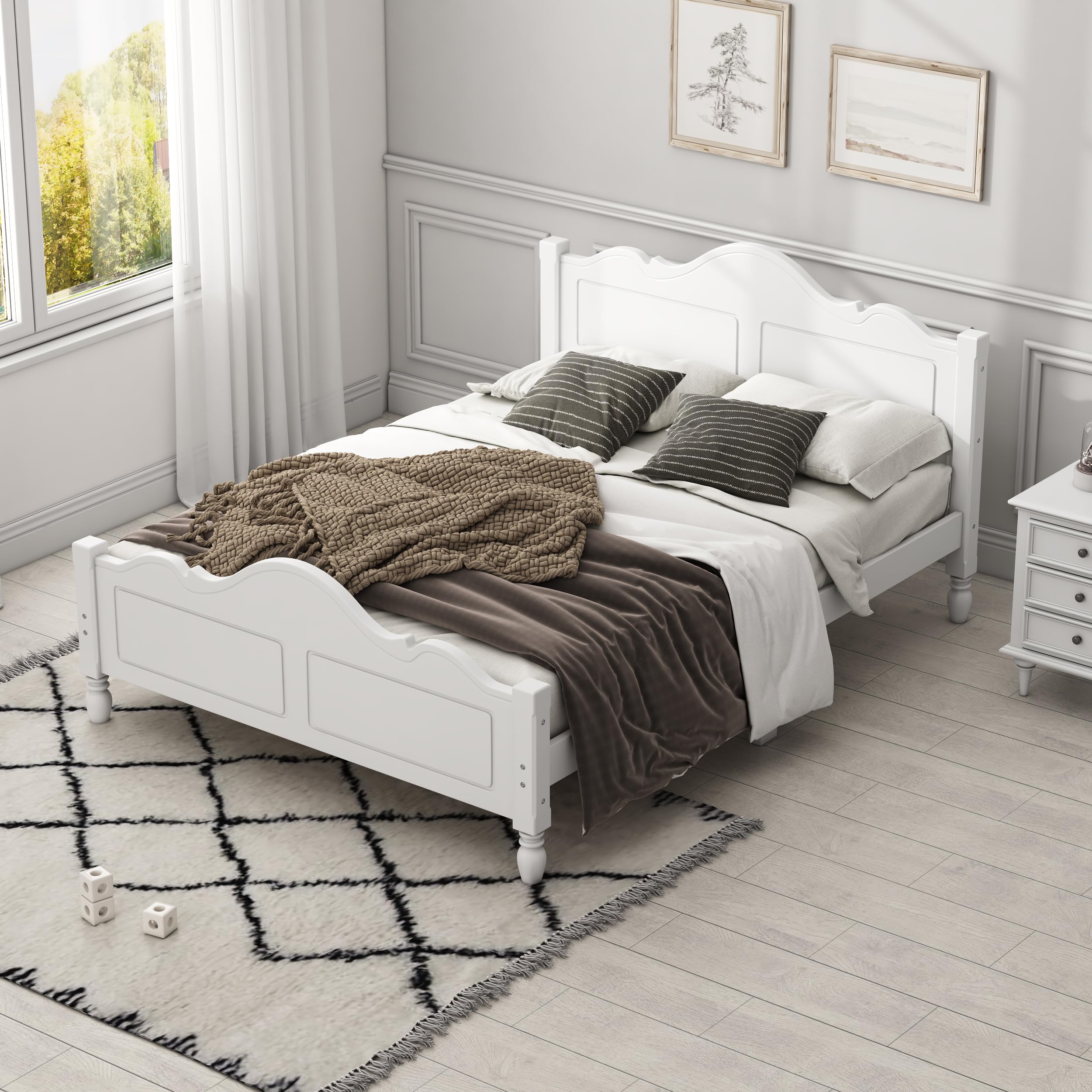 Harper & Bright Designs Wooden Queen Size Platform Bed with Headboard, Modern Queen Bed Frame with Wood Slat Support/No Box Spring Needed/Easy Assembly, Queen, White