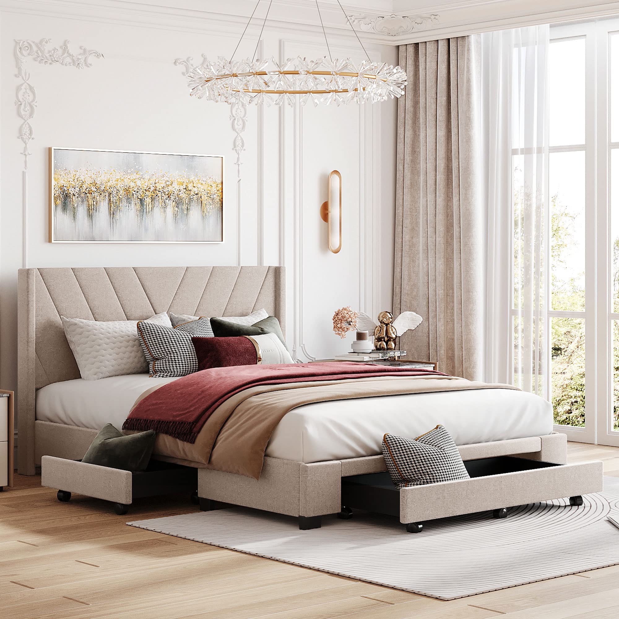 HABUHOME Queen Bed Frame with Storage Upholstered Platform Bed Frame with 3 Drawers and Headboard Modern Linen Queen Size Beds with Wooden Slats Support, No Box Spring Box Needed, Beige