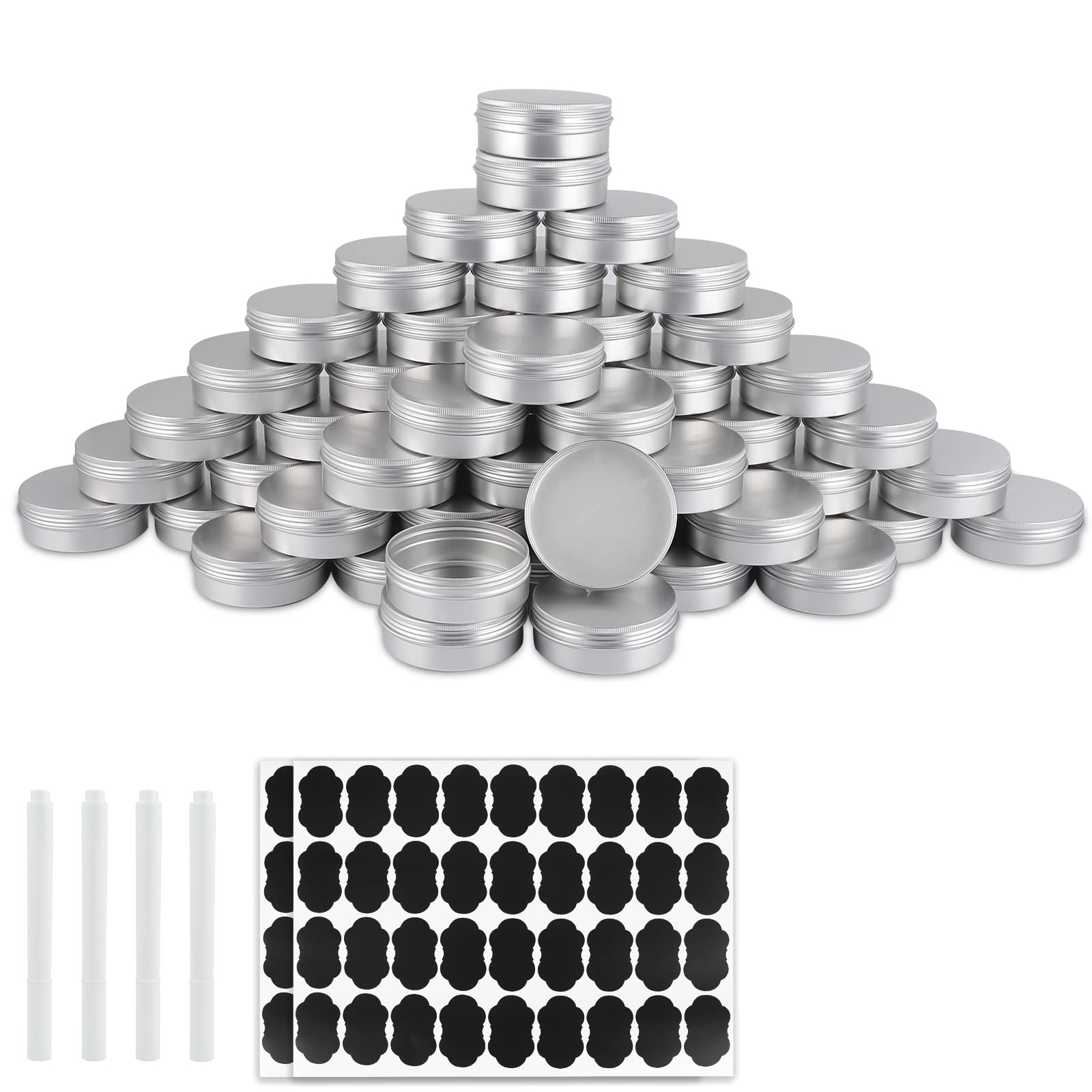 OBKJJ 60 Pack Round Cans with Screw Lid 4 Oz Aluminum Metal Tins DIY Food Candle Containers for Lotion Bars, Balms, Salve, Spices, Beard Balm, Crafts with 4 Markers 2 Sheets Label Stickers