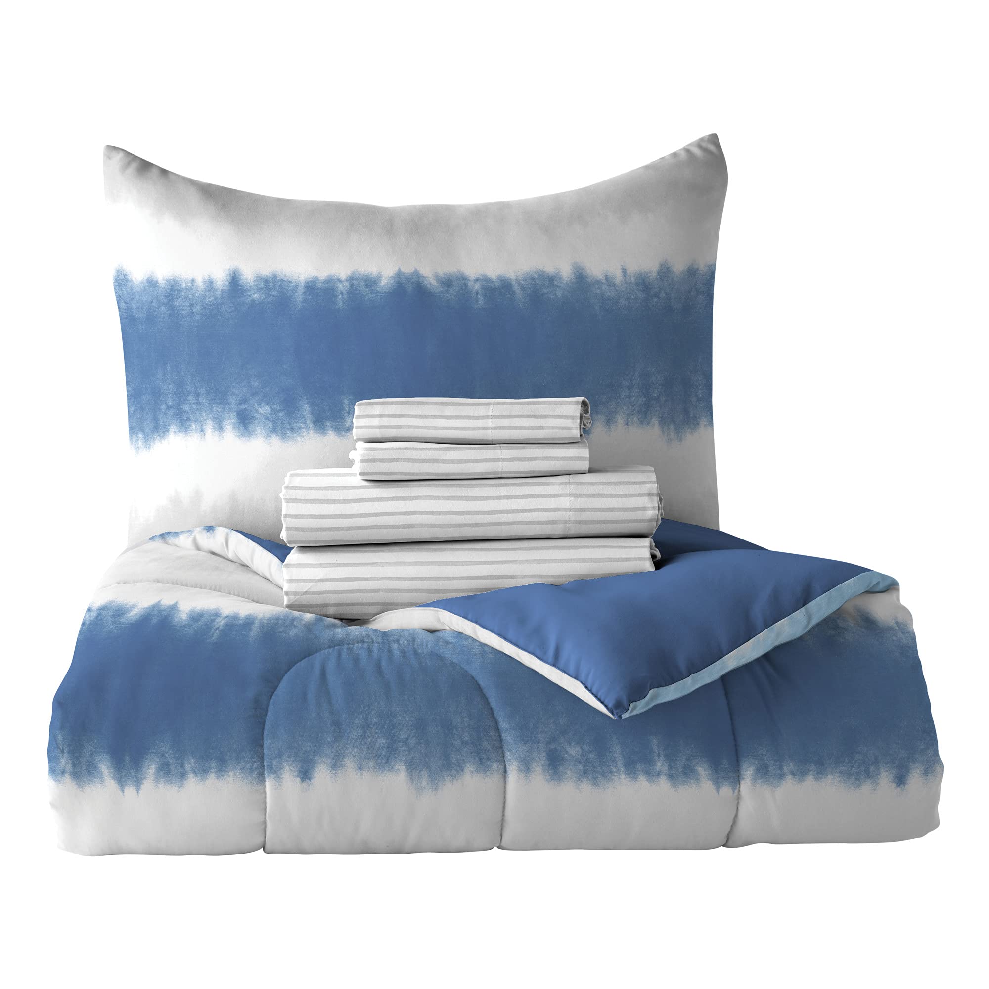 dream FACTORY Kids 5-Piece Complete Bed Set Easy-Wash Super Soft Microfiber Comforter Bedding, Twin, Blue Tie Dye Stripe,2D872901BL