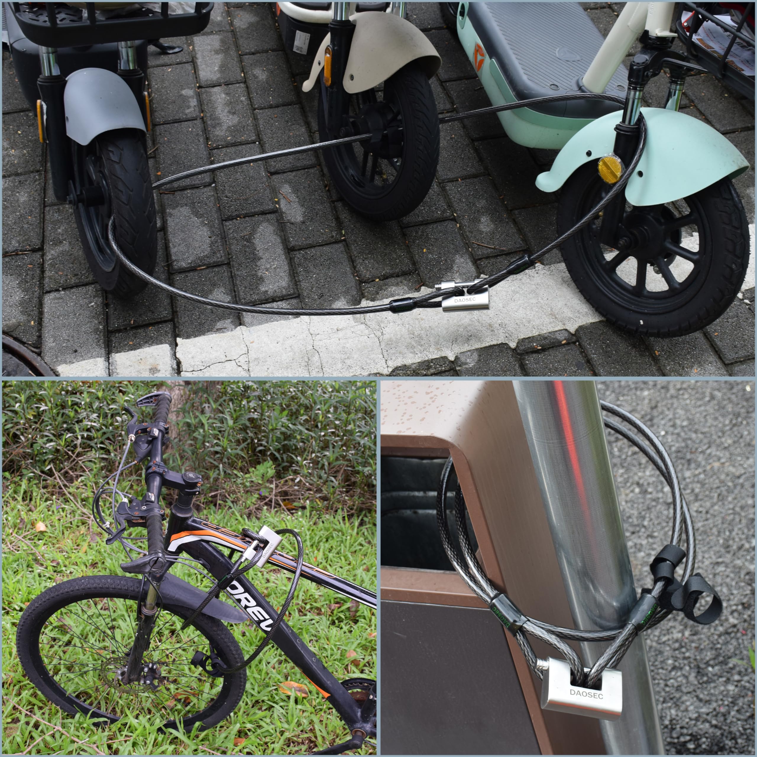 DAOSEC 7ft Heavy Duty Anti-Theft Steel Cable & Stainless Steel Padlock Set with D-Shackle - 12mm Cut & Rust Resistant Bicycles, Gate, Shed, Patio Furniture - High Security Outdoor Safety Lock Kit