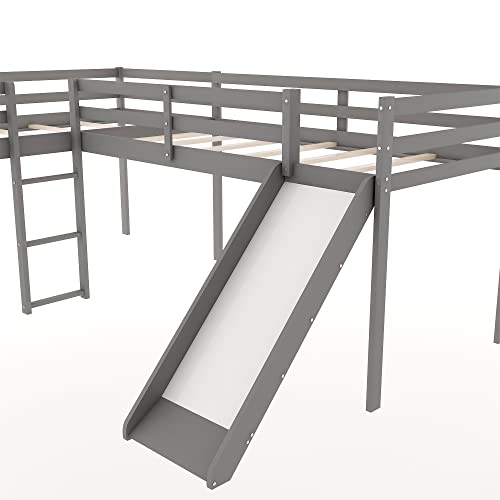 Myshle Twin Loft Bed for Kids, L-Shape Loft Beds with Slide,Low Loft Bed Frame Corner Bunk Bed Wooden Loft Bed for Girls Boys Teens,Gray