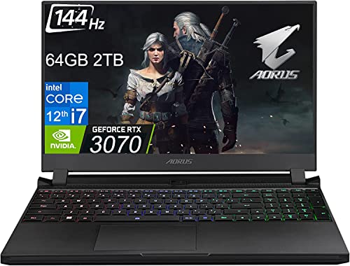 GIGABYTE AORUS 5 SE4 15.6" FHD 144Hz (Intel 12th Gen i7-12700H, 64GB RAM, 2TB SSD, GeForce RTX 3070 8GB) Thin Bezel, IPS 3A Gaming Laptop, Thunderbolt 4, RGB Backlit Keyboard, IST Cable, Win 11 Home