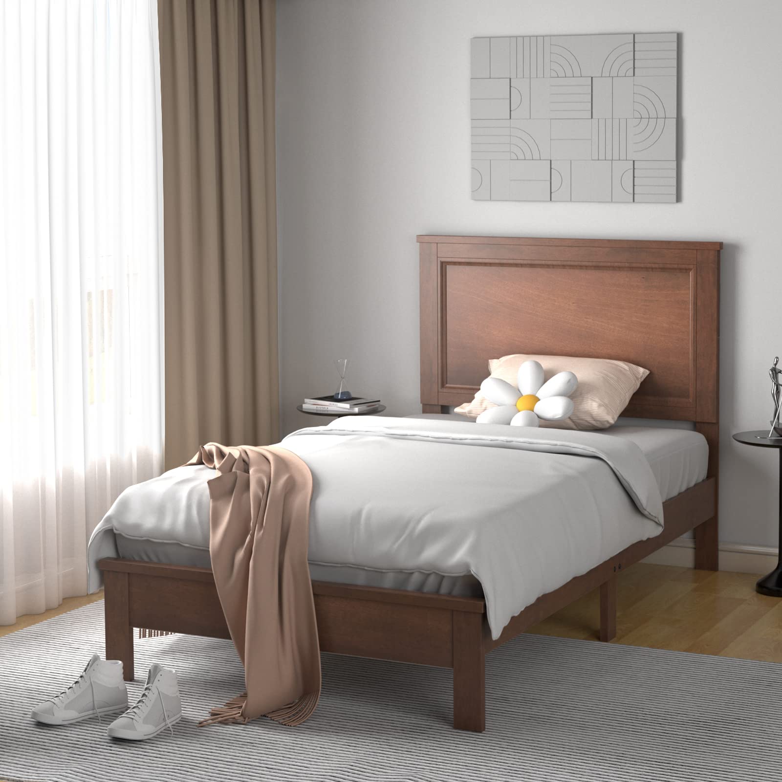 KOMFOTT Twin Size Wood Platform Bed Frame with Headboard, Wooden Mid Century Platform Bed with Slat Support & Under Bed Storage, Mattress Foundation Bed Base, No Box Spring Needed, Walnut