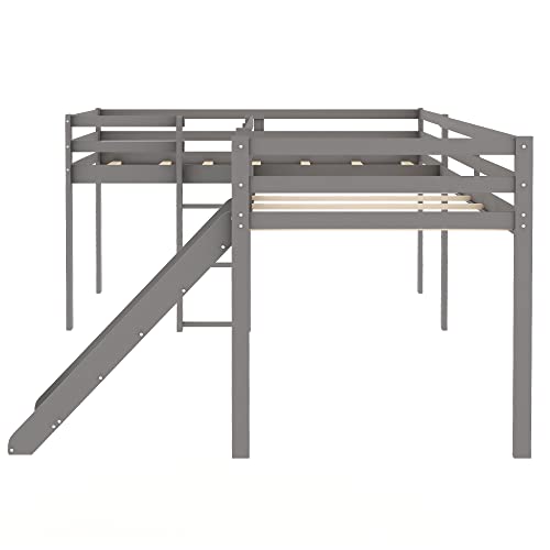 Myshle Twin Loft Bed for Kids, L-Shape Loft Beds with Slide,Low Loft Bed Frame Corner Bunk Bed Wooden Loft Bed for Girls Boys Teens,Gray