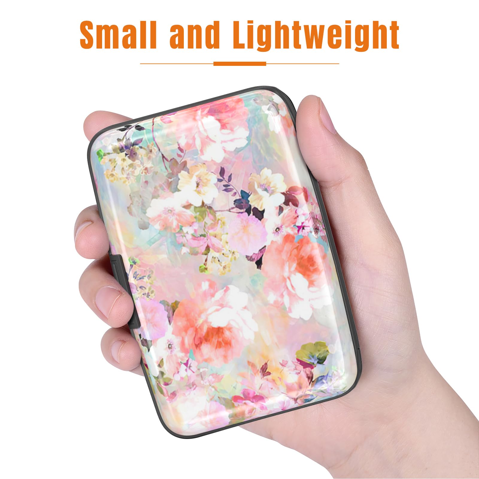 Rimilak Aluminuml Credit Card Holder, Mini Credit Card Wallet RFID Blocking Slim Metal Hard Case for Women Men, Pink Flower