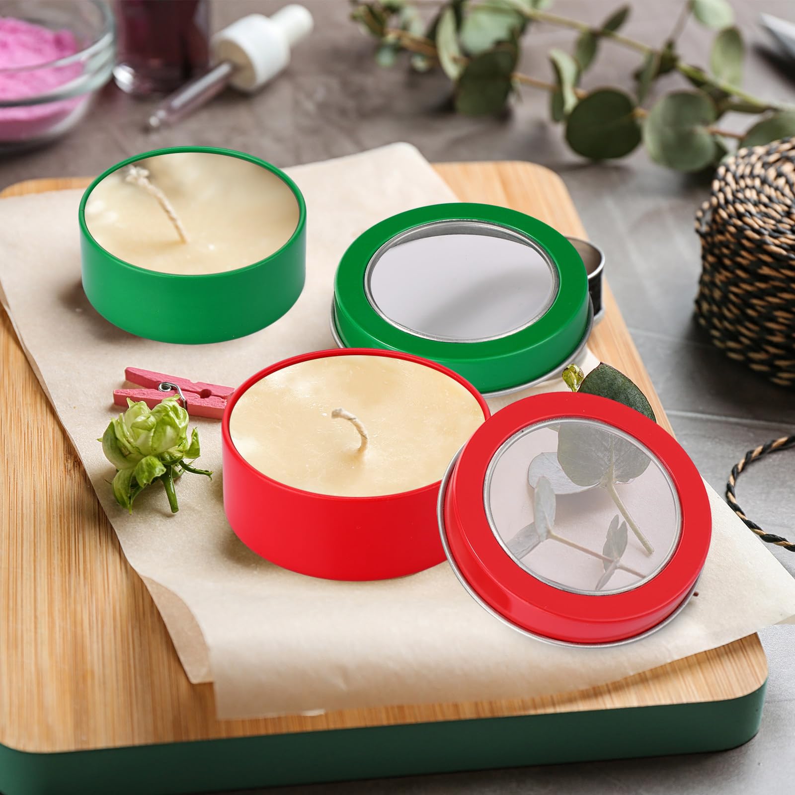 Tandefio Christmas Candle Tin Cans Set Holiday Candle Tins 2 oz with Lids Candle Jars for Making Candles Round Containers for Candles Party Favors DIY(120 Pcs)