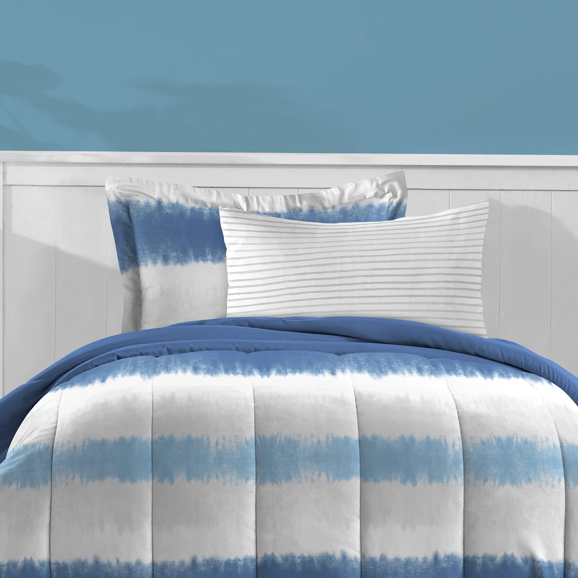 dream FACTORY Kids 5-Piece Complete Bed Set Easy-Wash Super Soft Microfiber Comforter Bedding, Twin, Blue Tie Dye Stripe,2D872901BL