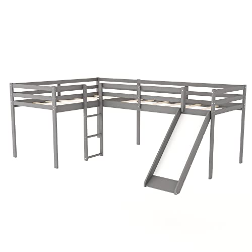 Myshle Twin Loft Bed for Kids, L-Shape Loft Beds with Slide,Low Loft Bed Frame Corner Bunk Bed Wooden Loft Bed for Girls Boys Teens,Gray