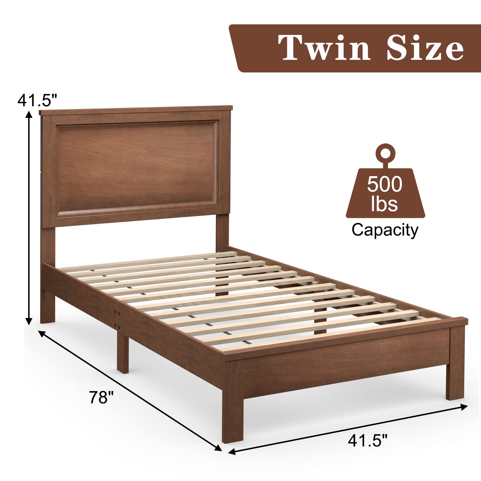 KOMFOTT Twin Size Wood Platform Bed Frame with Headboard, Wooden Mid Century Platform Bed with Slat Support & Under Bed Storage, Mattress Foundation Bed Base, No Box Spring Needed, Walnut