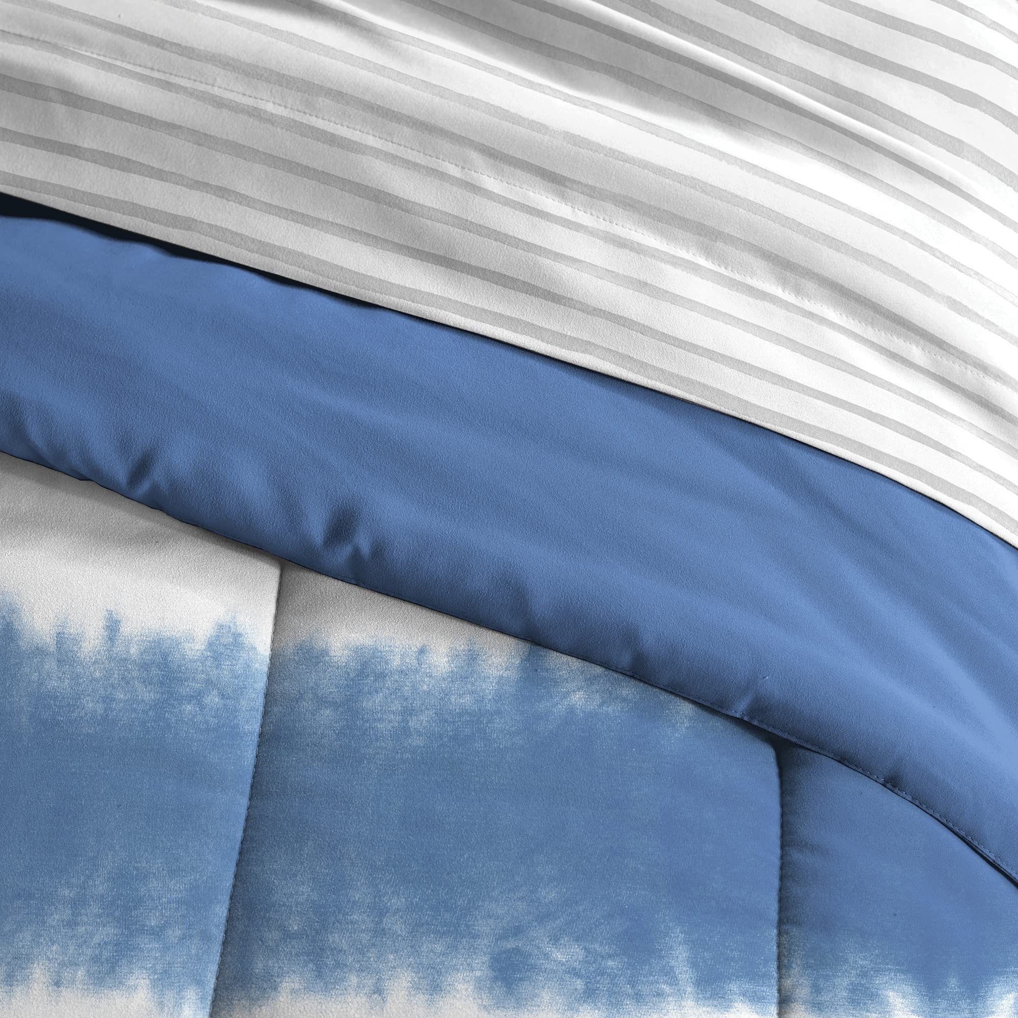 dream FACTORY Kids 5-Piece Complete Bed Set Easy-Wash Super Soft Microfiber Comforter Bedding, Twin, Blue Tie Dye Stripe,2D872901BL