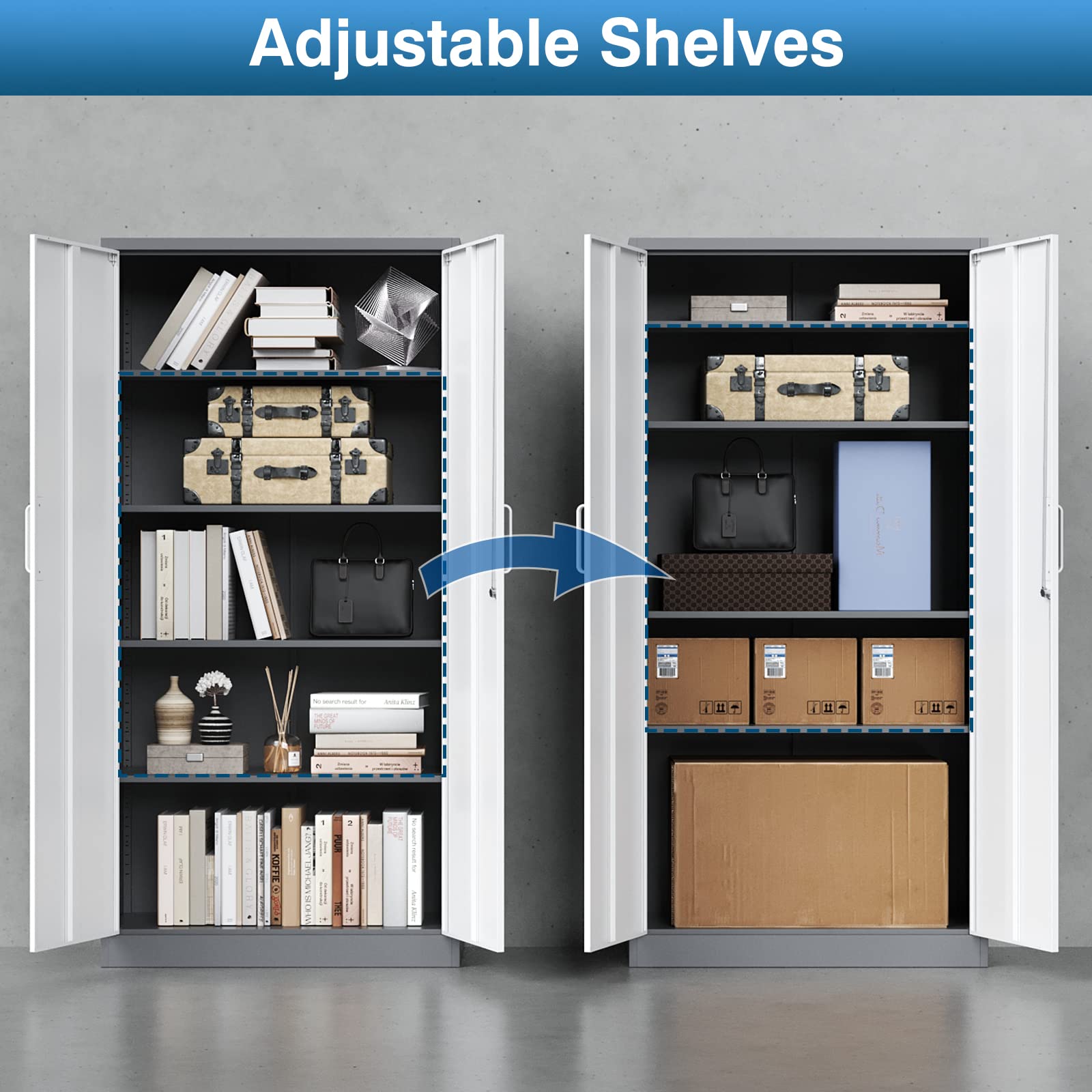 PEUKC Metal Garage Storage Cabinet, 71-inch Tall Cabinet with Adjustable Shelves & Locking Doors, Tool Cabinets for Garage,Office,Home,School,Gym (Grey White)