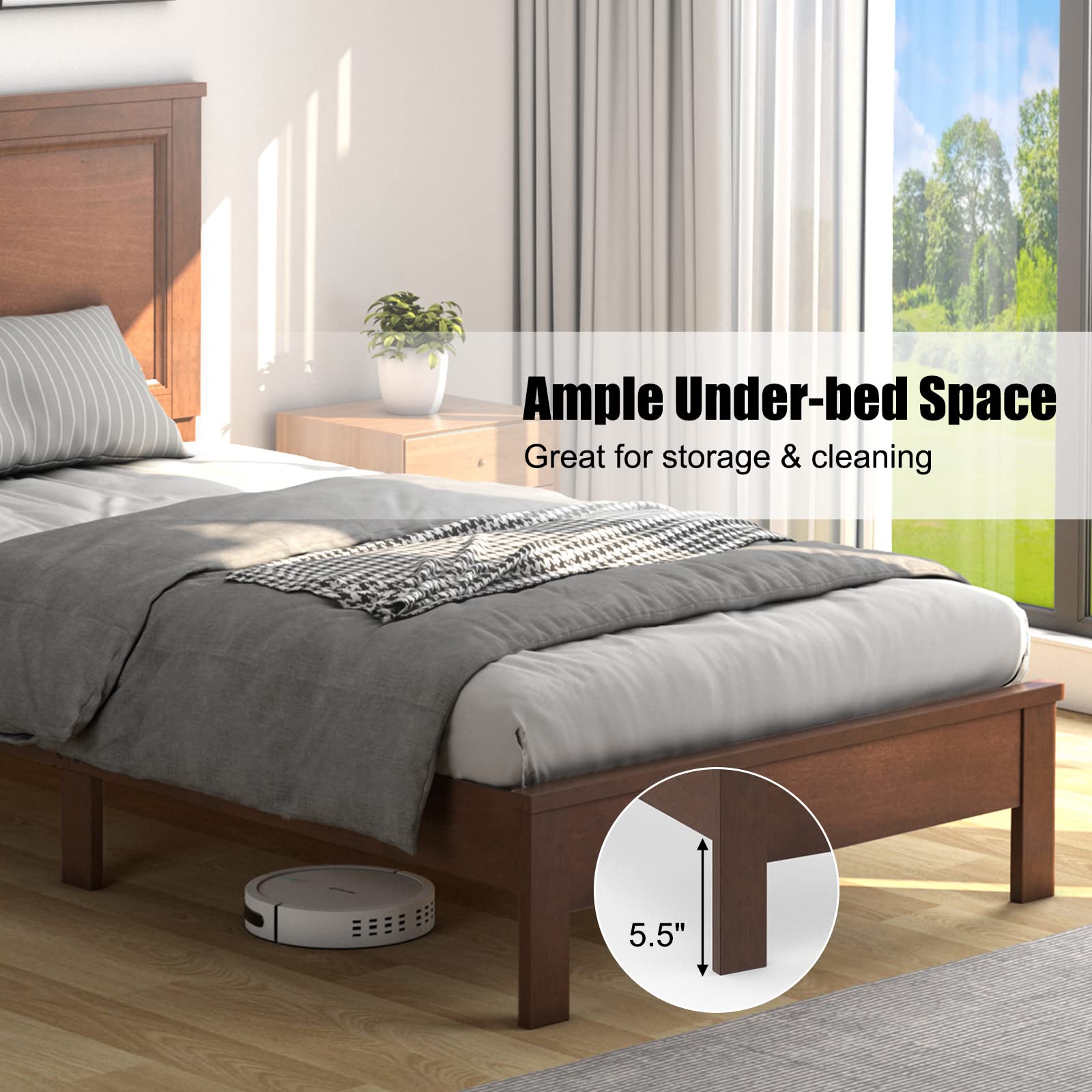 KOMFOTT Twin Size Wood Platform Bed Frame with Headboard, Wooden Mid Century Platform Bed with Slat Support & Under Bed Storage, Mattress Foundation Bed Base, No Box Spring Needed, Walnut