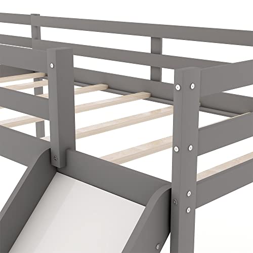 Myshle Twin Loft Bed for Kids, L-Shape Loft Beds with Slide,Low Loft Bed Frame Corner Bunk Bed Wooden Loft Bed for Girls Boys Teens,Gray