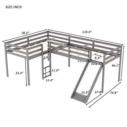 Myshle Twin Loft Bed for Kids, L-Shape Loft Beds with Slide,Low Loft Bed Frame Corner Bunk Bed Wooden Loft Bed for Girls Boys Teens,Gray