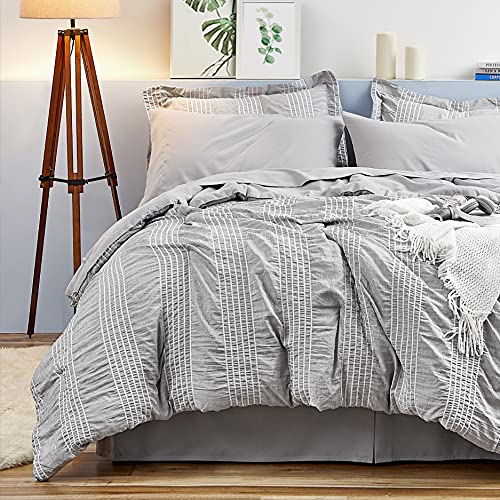 Bedsure Twin Bed in A Bag - Twin Comforter Sets 6 Piece Stripes Seersucker Bedding Set, Soft Lightweight Down Alternative Comforter Twin Bed Set(Grey 68x88 inch)