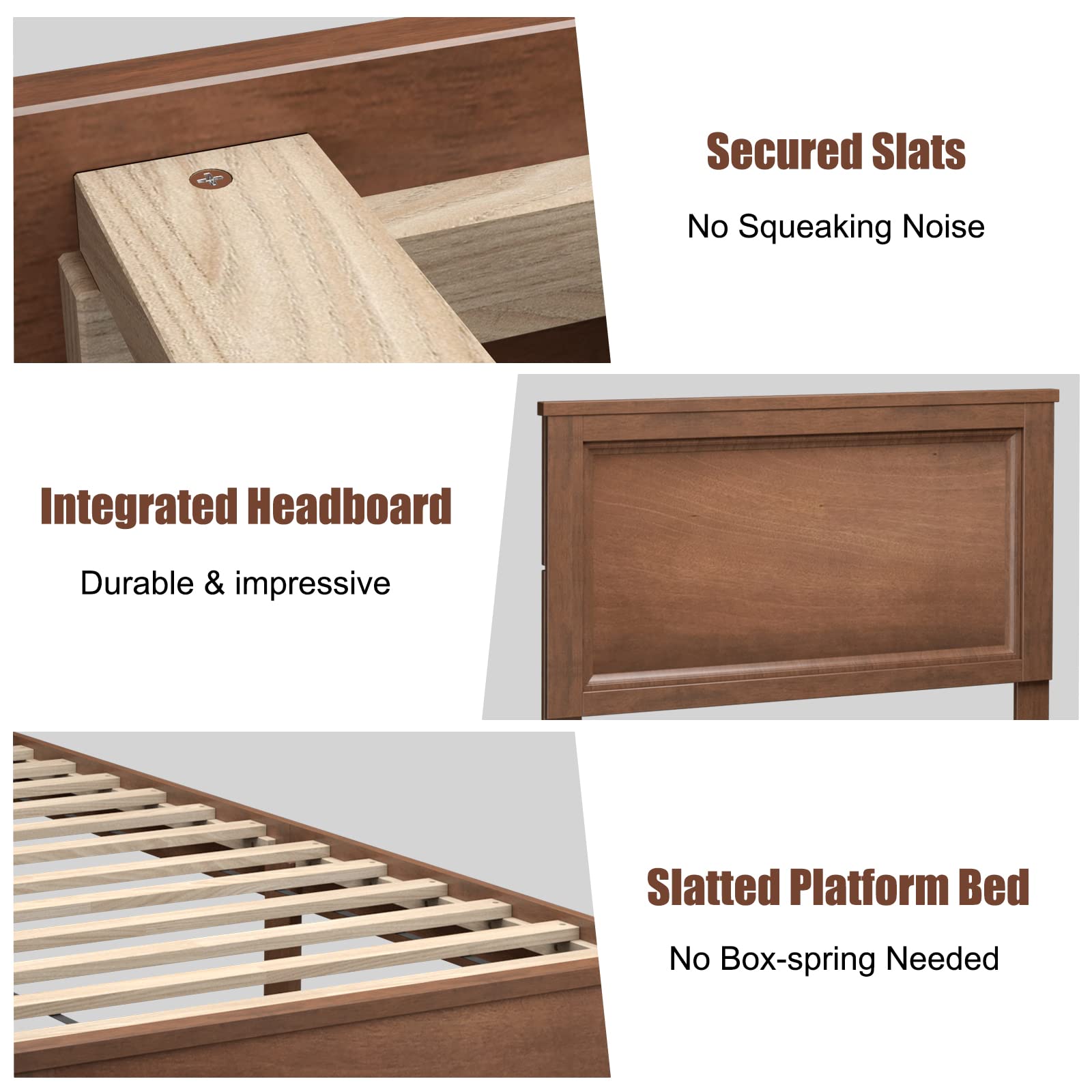 KOMFOTT Twin Size Wood Platform Bed Frame with Headboard, Wooden Mid Century Platform Bed with Slat Support & Under Bed Storage, Mattress Foundation Bed Base, No Box Spring Needed, Walnut