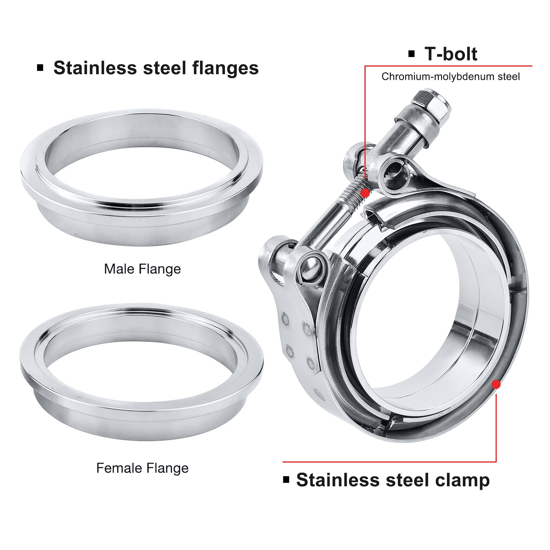 EVIL ENERGY 2" V Band Clamp with Flange Male Female Stainless Steel, Bundle with 4 Holes Adjustable Exhaust Hanger Universal 2PCS
