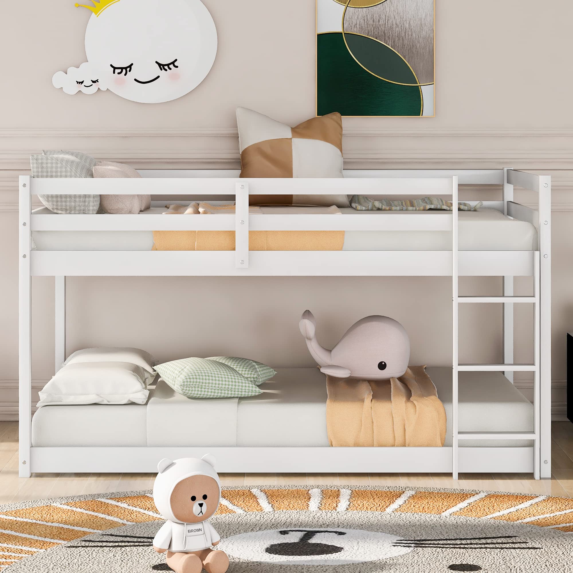 BIADNBZ Twin Over Twin Low Bunk Bed for Kids Teens Bedroom, Floor Wooden Bedframe with Built-in Ladder, Twin Size, White