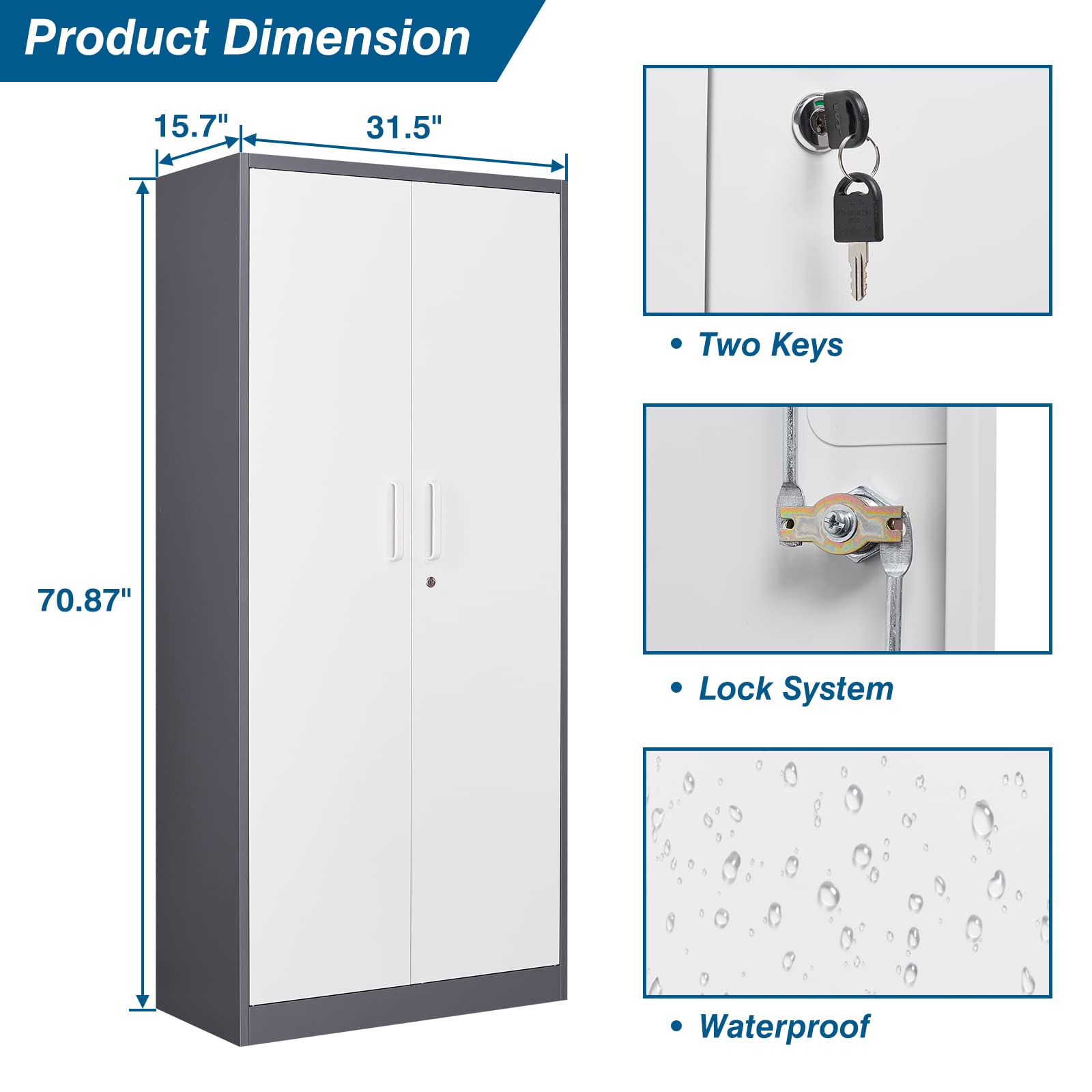PEUKC Metal Garage Storage Cabinet, 71-inch Tall Cabinet with Adjustable Shelves & Locking Doors, Tool Cabinets for Garage,Office,Home,School,Gym (Grey White)