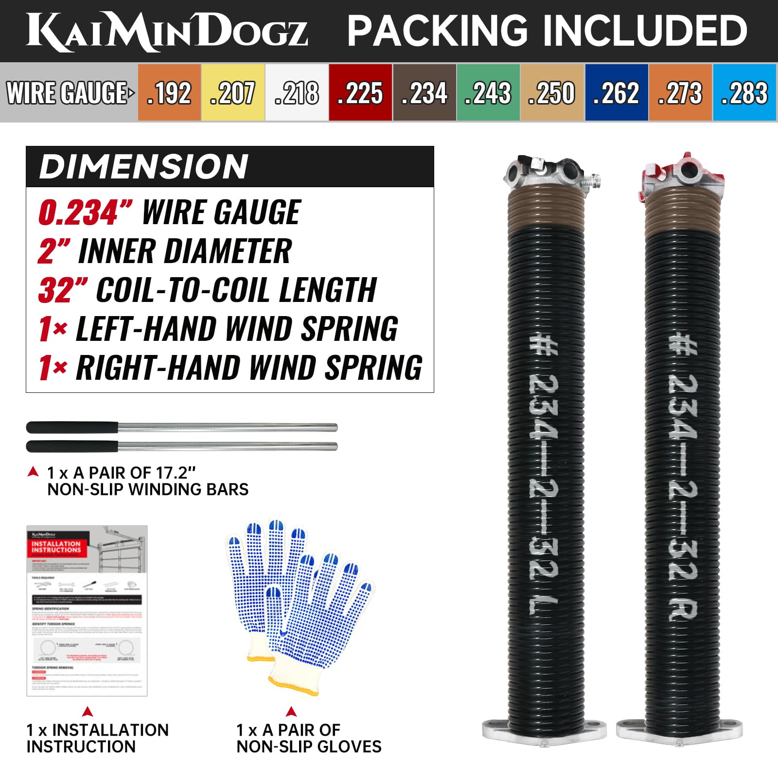 KaiMinDogz Pair of 2" Garage Door Torsion Springs Set with Non-Slip Winding Bar & Gloves,High Precision Electrophoresis Black Coated, for Replacement & Installation, MIN 16,000 Cycles (0.234x2''x32'')