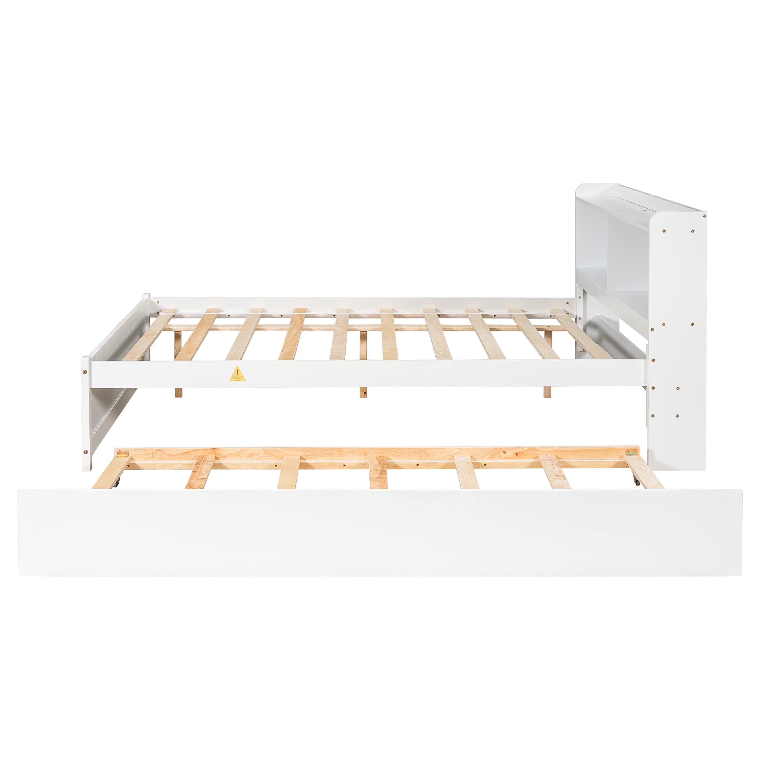 Lifeand Full Wooden Bed with Trundle,Bookcase,White