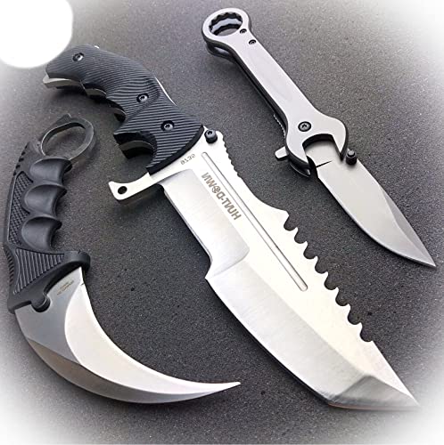 New 3 PC Tactical Hunting Fixed Blade Knife Karambit Wrench Tool SILVER SET NEW Camping Outdoor Pro Tactical Elite Knife BLDA-1064