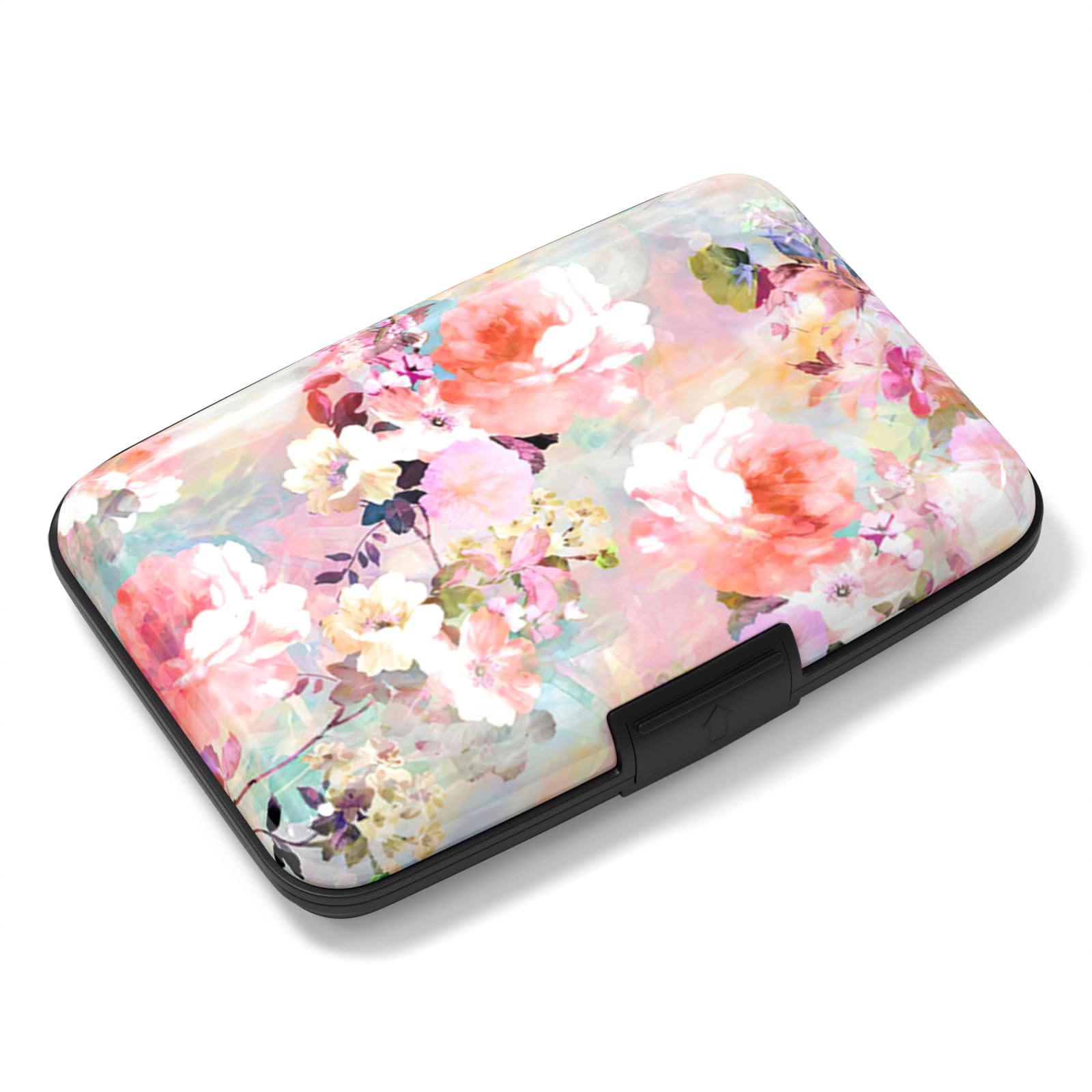 Rimilak Aluminuml Credit Card Holder, Mini Credit Card Wallet RFID Blocking Slim Metal Hard Case for Women Men, Pink Flower