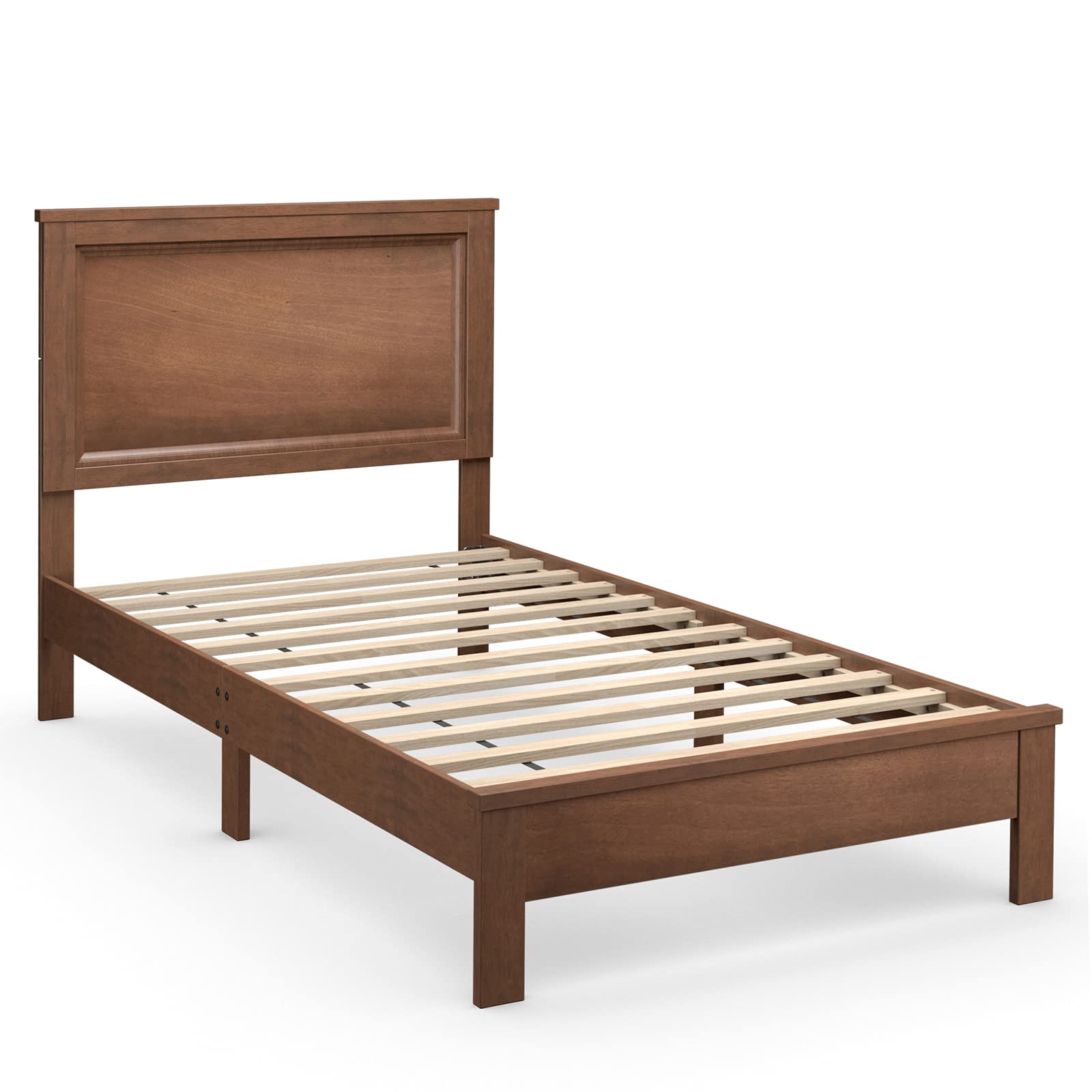 KOMFOTT Twin Size Wood Platform Bed Frame with Headboard, Wooden Mid Century Platform Bed with Slat Support & Under Bed Storage, Mattress Foundation Bed Base, No Box Spring Needed, Walnut