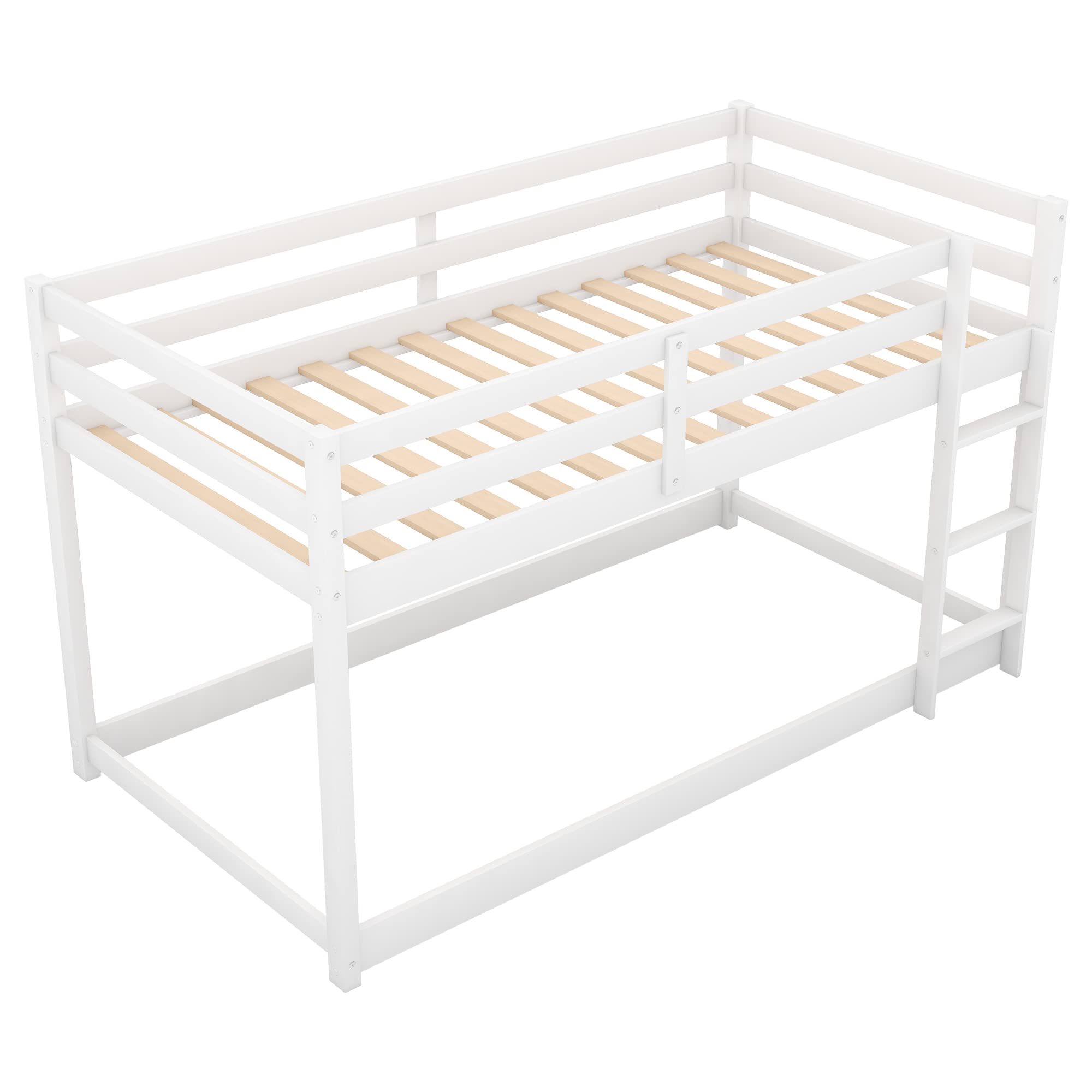 BIADNBZ Twin Over Twin Low Bunk Bed for Kids Teens Bedroom, Floor Wooden Bedframe with Built-in Ladder, Twin Size, White